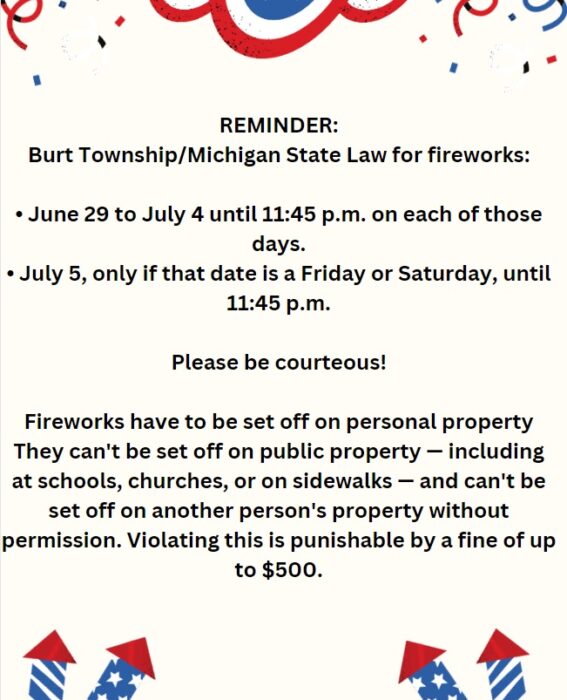 Fireworks Reminder! - Burt Township - Grand Marais, MI